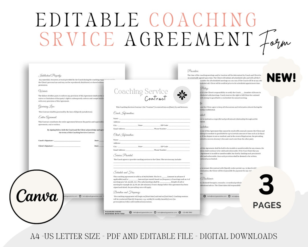 Coaching Service Agreement Template, Editable Coaching Contract (PDF ...