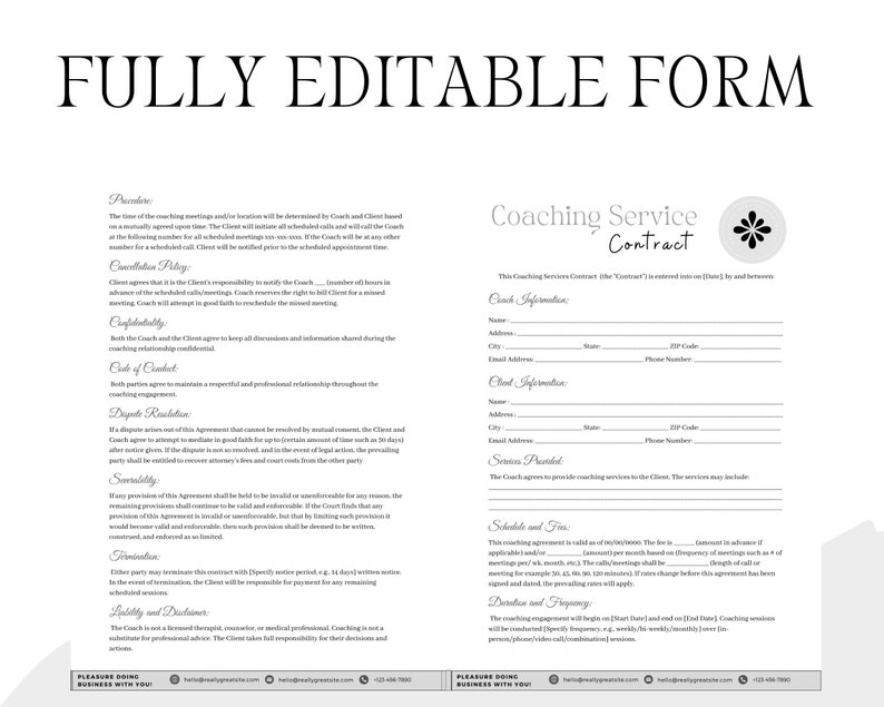 Coaching Service Agreement, Printable Coaching Contract, Coaching ...