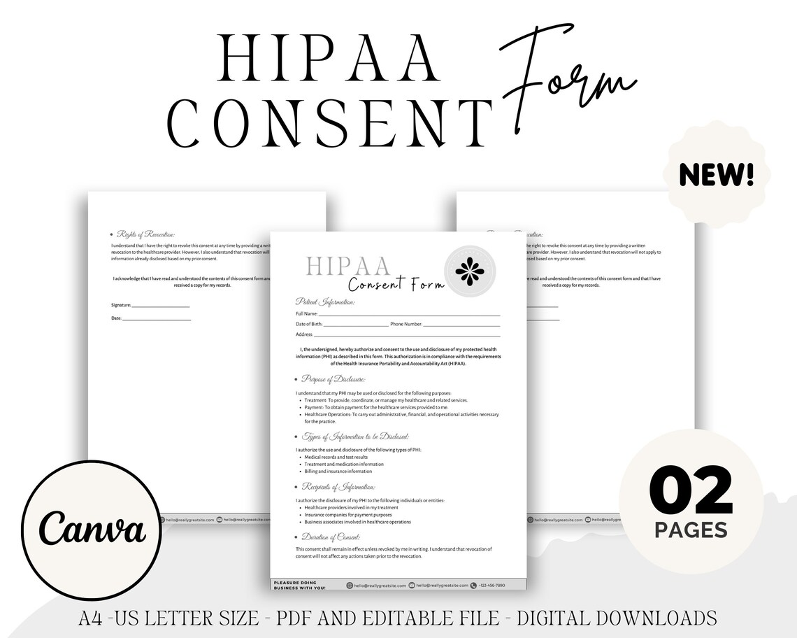 Editable HIPAA Consent Form Template, Printable HIPAA Compliance Patient Consent Form, Medical ...