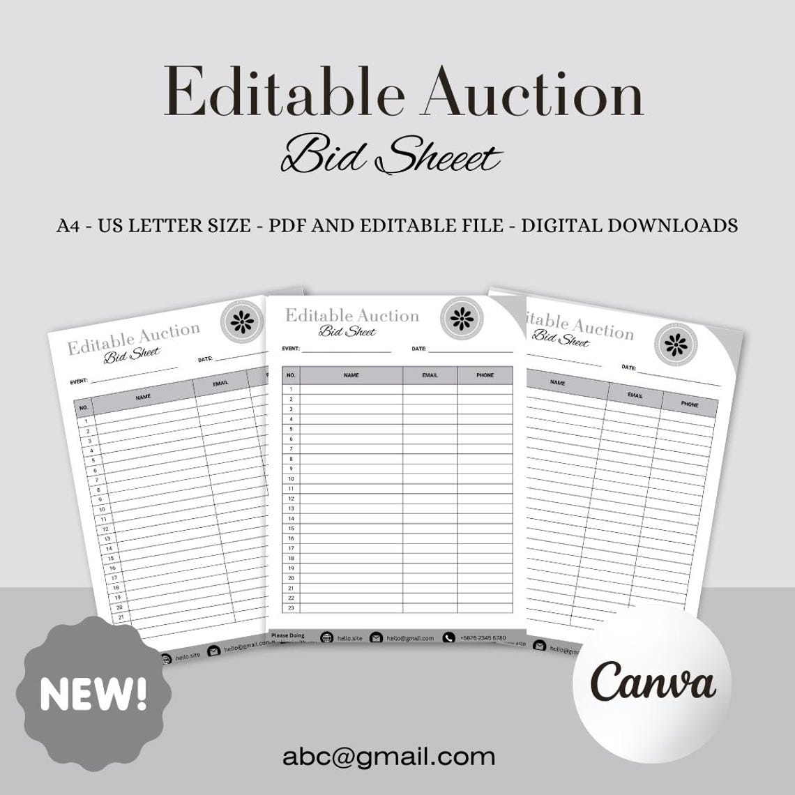 Silent Auction Bid Sheet, Silent Auction Sign up Sheet, Auction Bidding ...