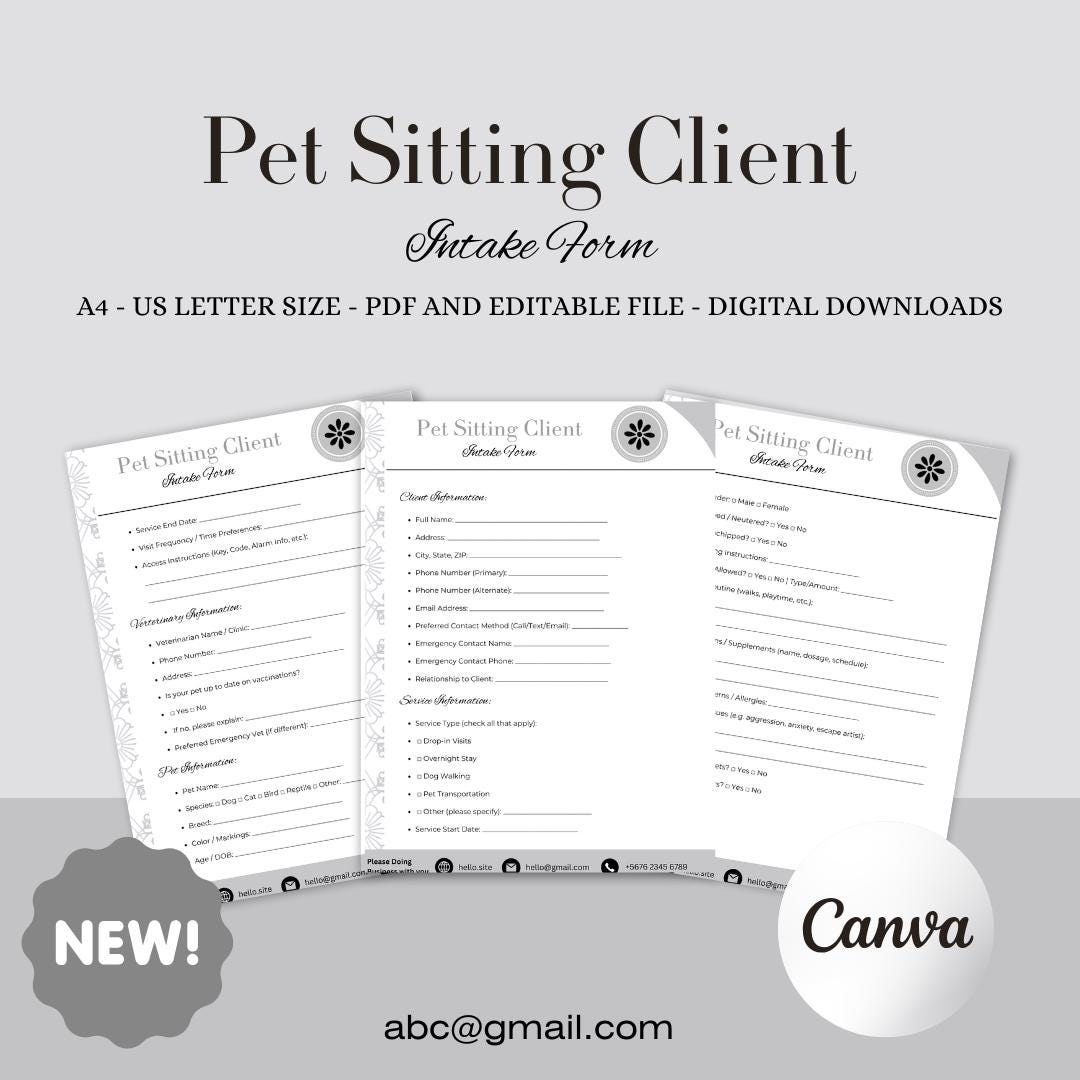 Pet Sitter Client Intake Form | Editable Pet Care Questionnaire (canva ...