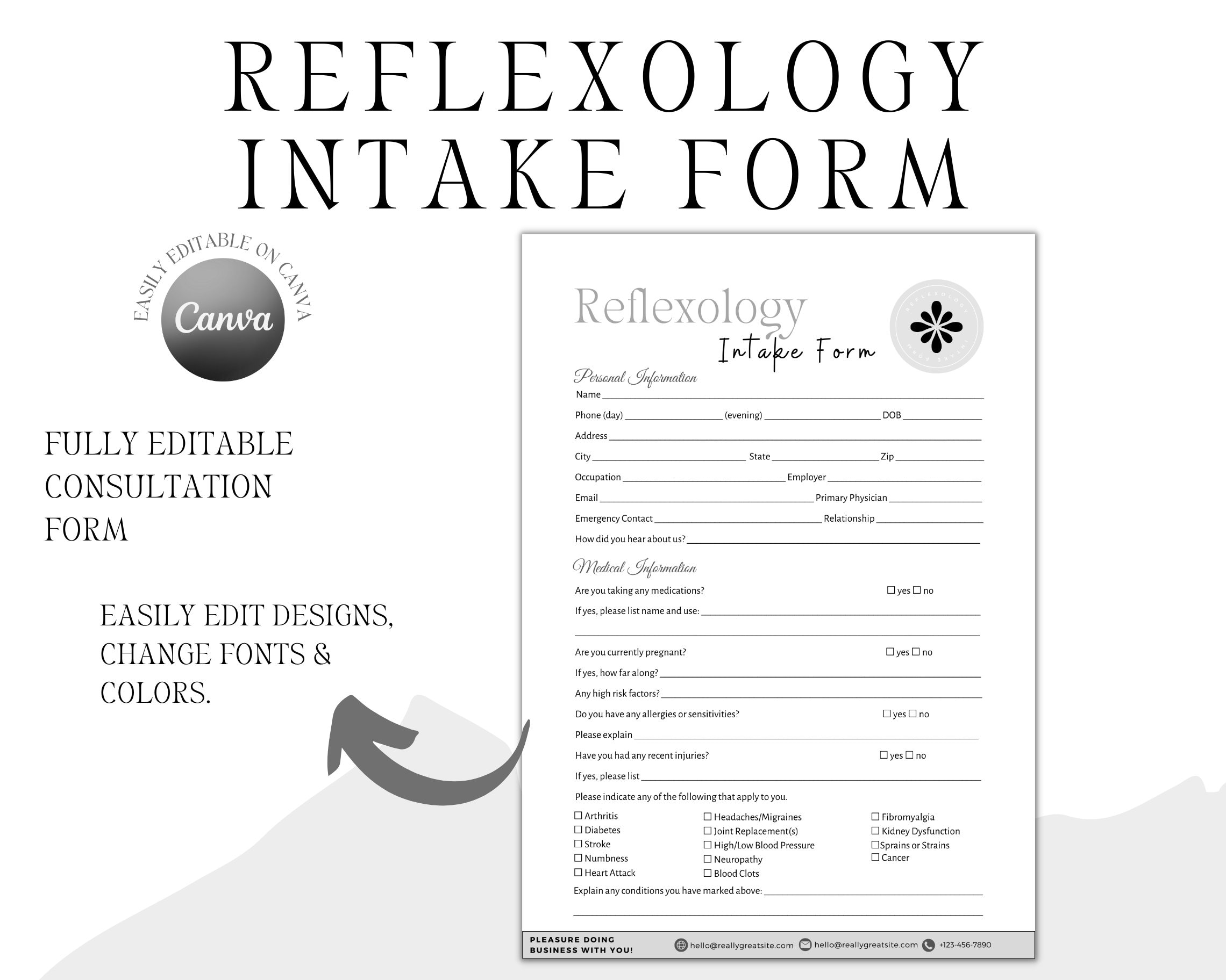 Editable Reflexology Intake Form, Massage Consultation Form, Spa Forms ...