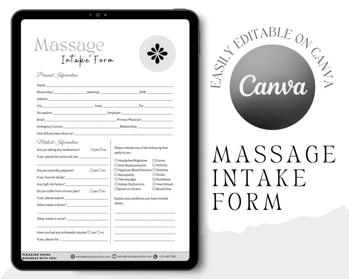 Professional Massage Intake Form, Massage Consent Form, Massage ...