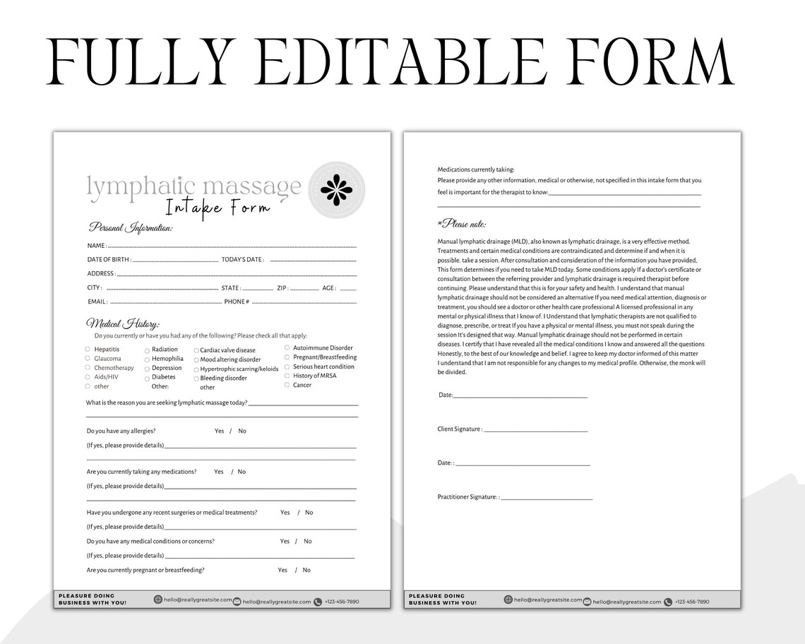 Editable Lymphatic Massage Intake Form, Canva Template (digital ...