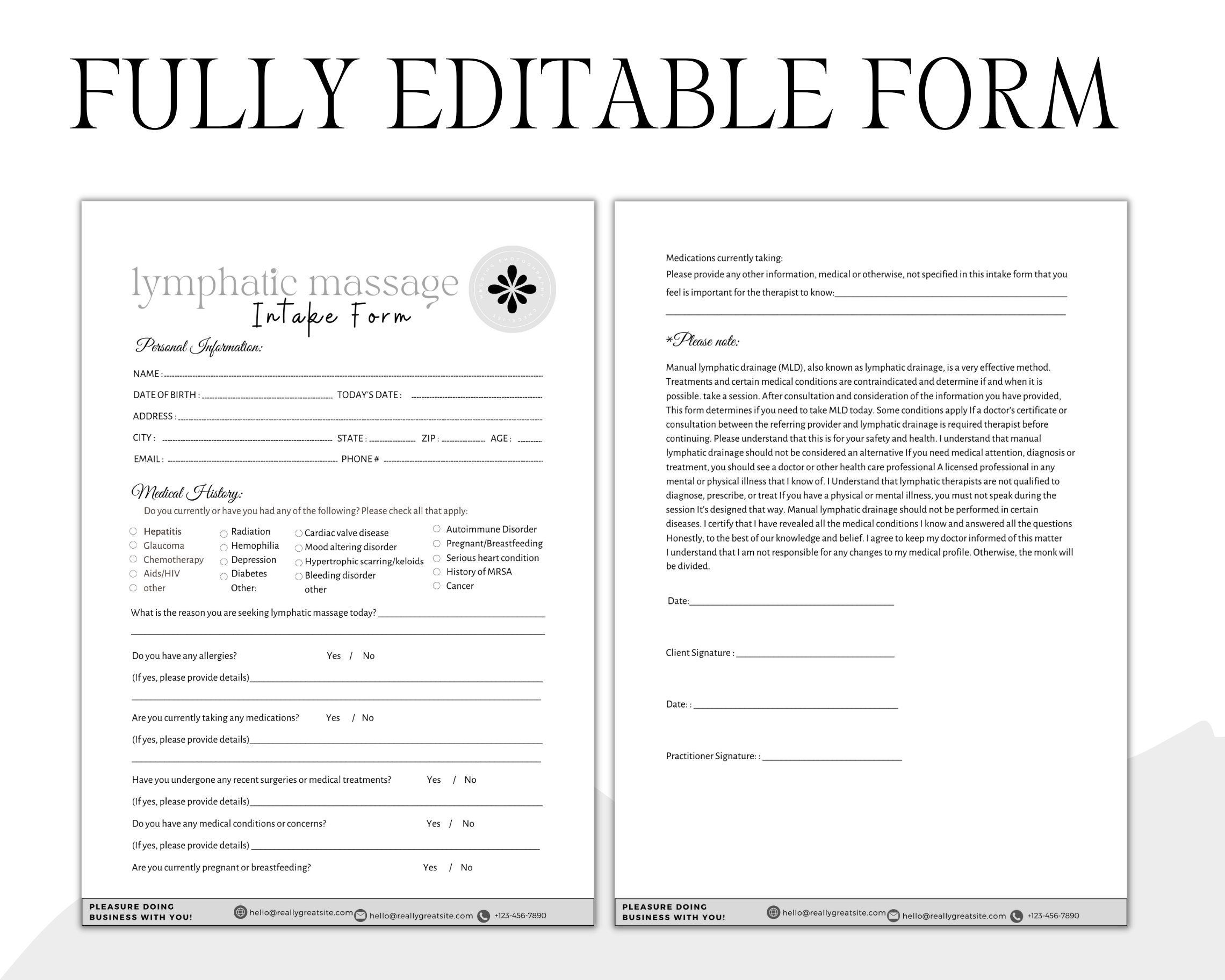 Editable Lymphatic Massage Intake Form, Lymphatic Drainage Form, Canva ...