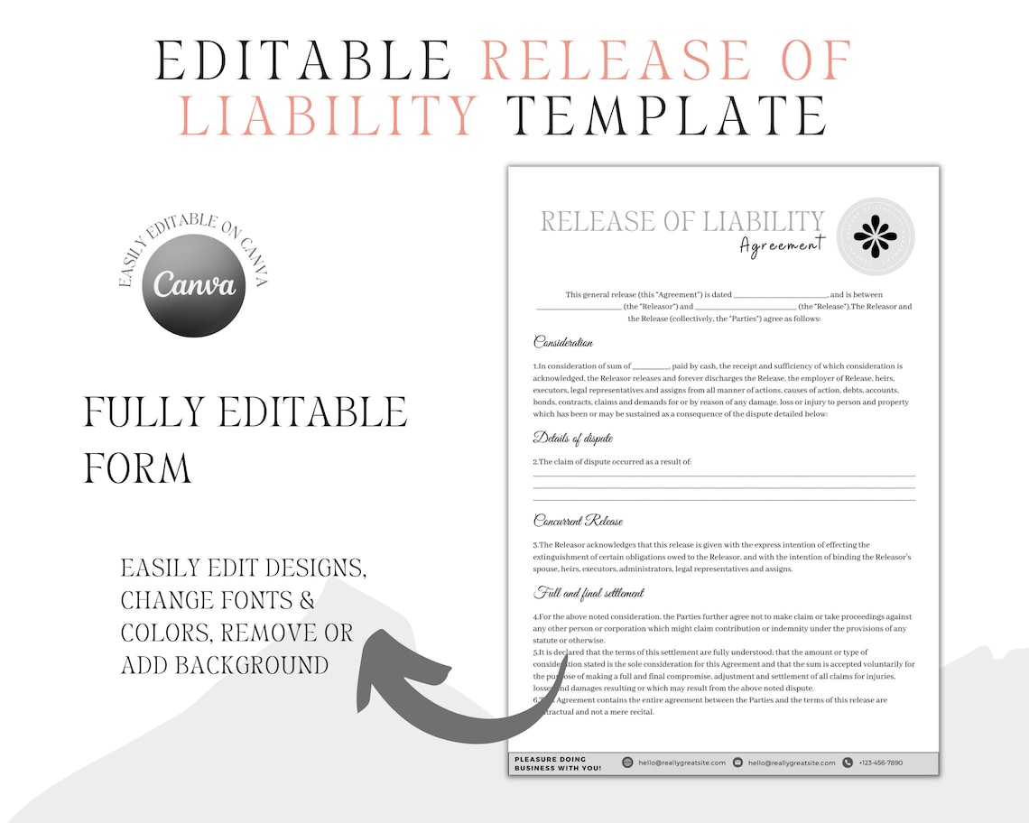 Editable Release of Liability, Release of Liability Template, Liability ...