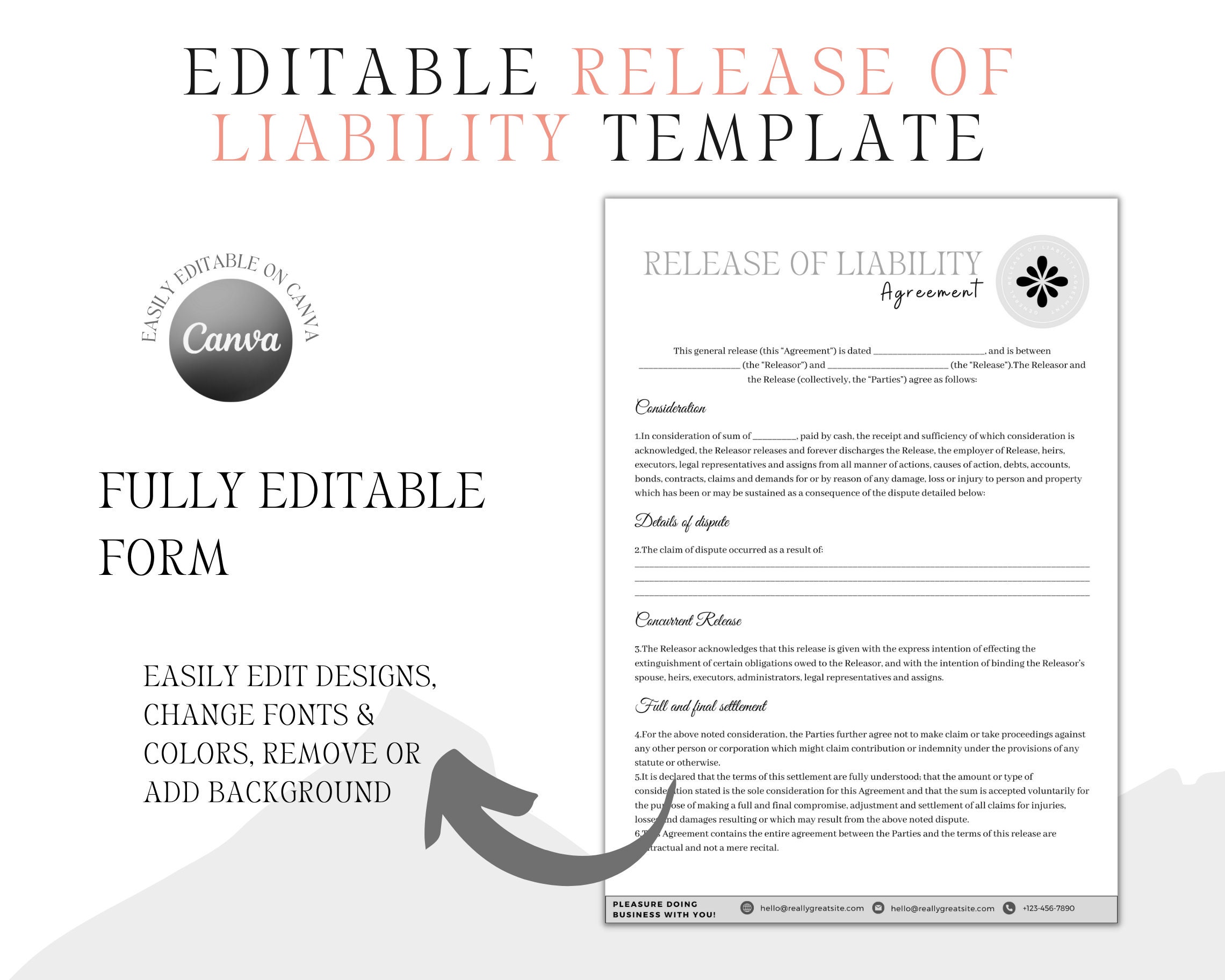Editable Release of Liability, Release of Liability Template, Liability ...