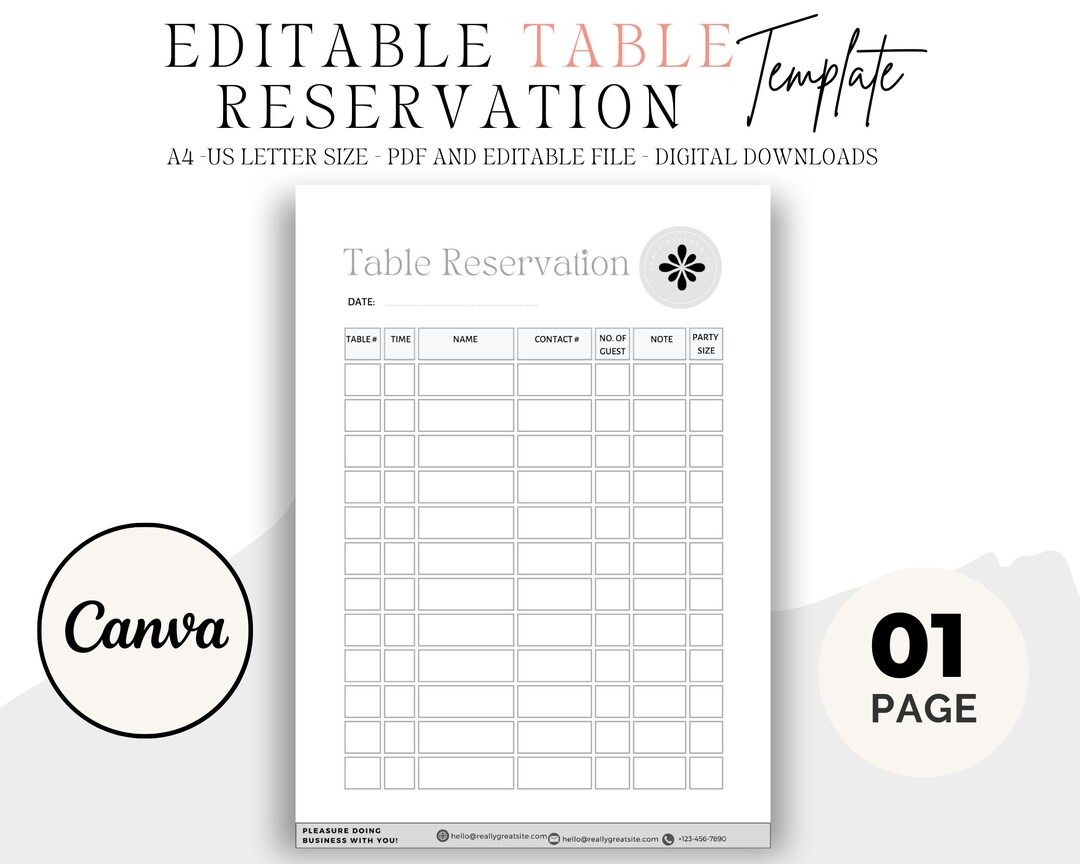 Printable Table Reservation List, Restaurant Table Reservation Form ...