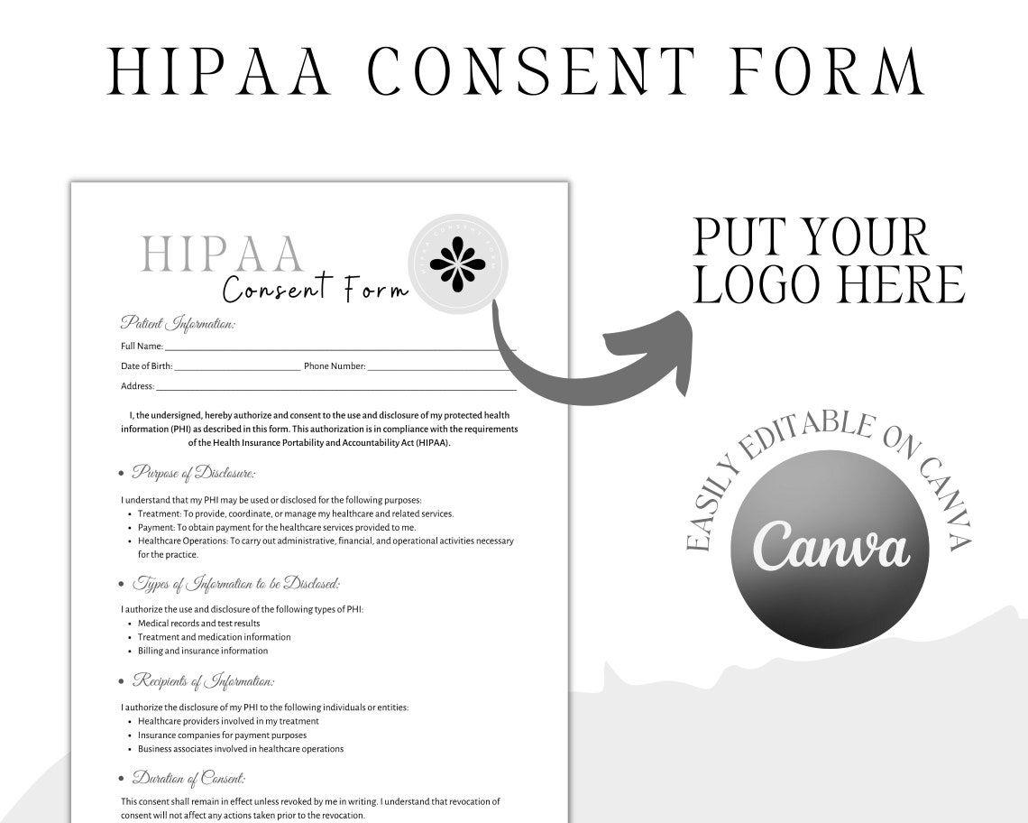 Editable HIPAA Consent Form Template, Printable HIPAA Compliance Patient Consent Form, Medical ...