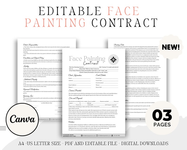 Editable Face Painting Contract Template (CANVA & PDF) - Etsy
