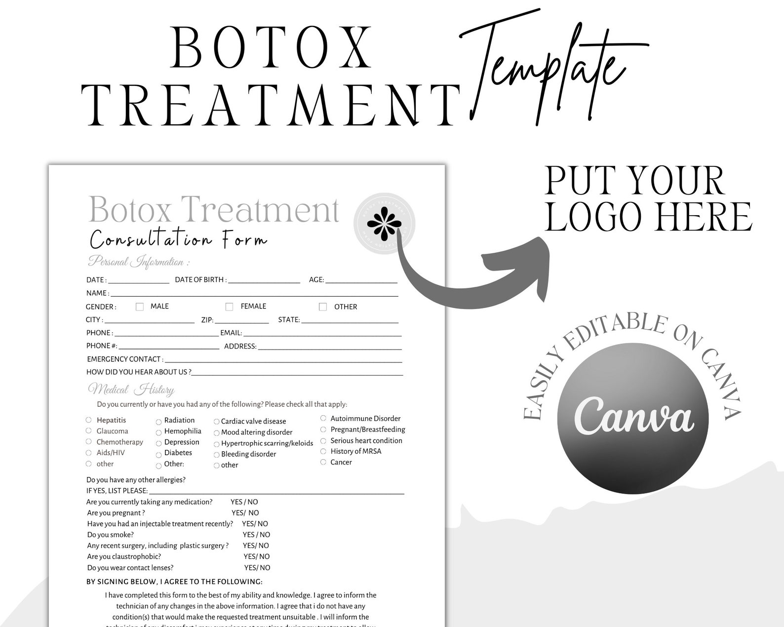Professional Botox Treatment Form, Botox Consent Form, Esthetician ...