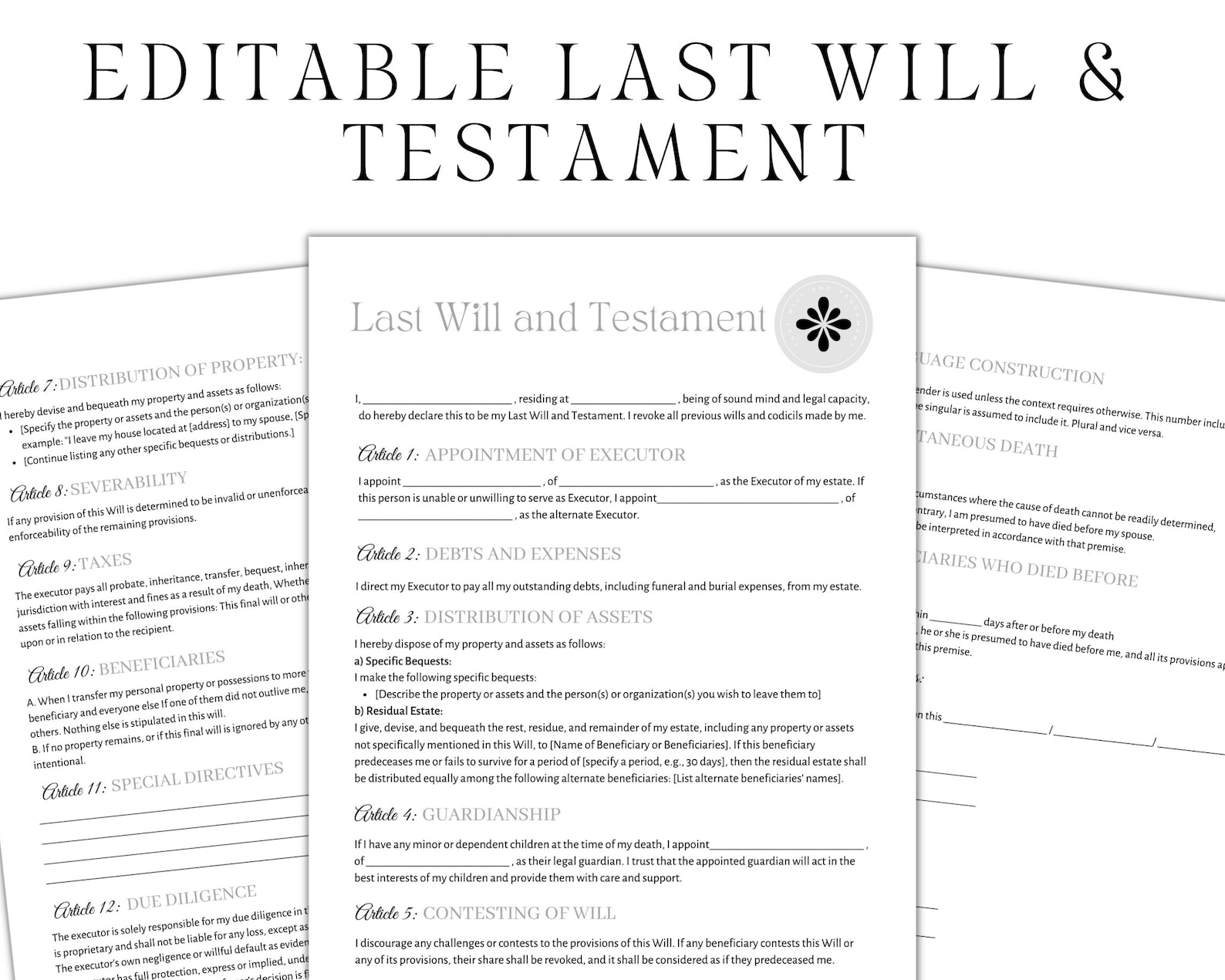 Editable Last Will and Testament Form Template, Printable Last Will ...