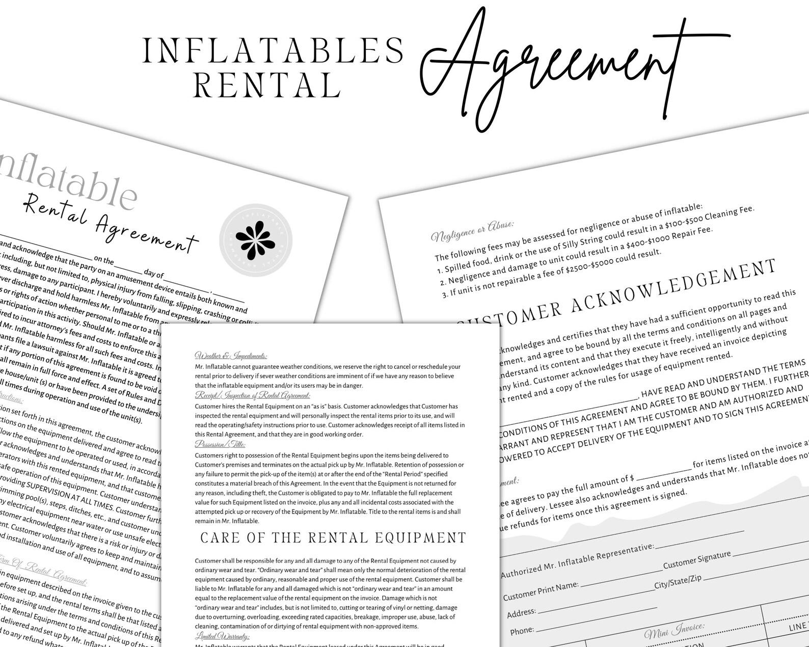 Editable Inflatable Rental Agreement, Bounce House Agreement, Rental ...