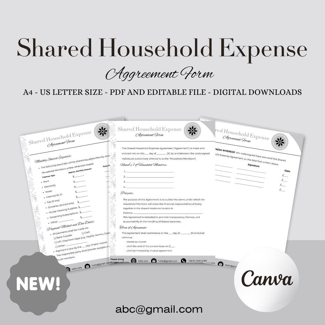 Shared Household Expense Agreement Form, Roommate Expense Split ...