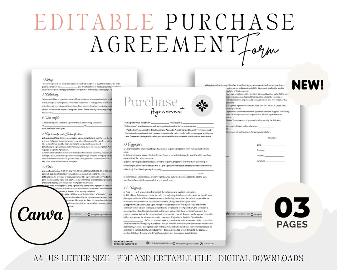 Editable Purchase Agreement Template, Purchase Contract Form, Business ...