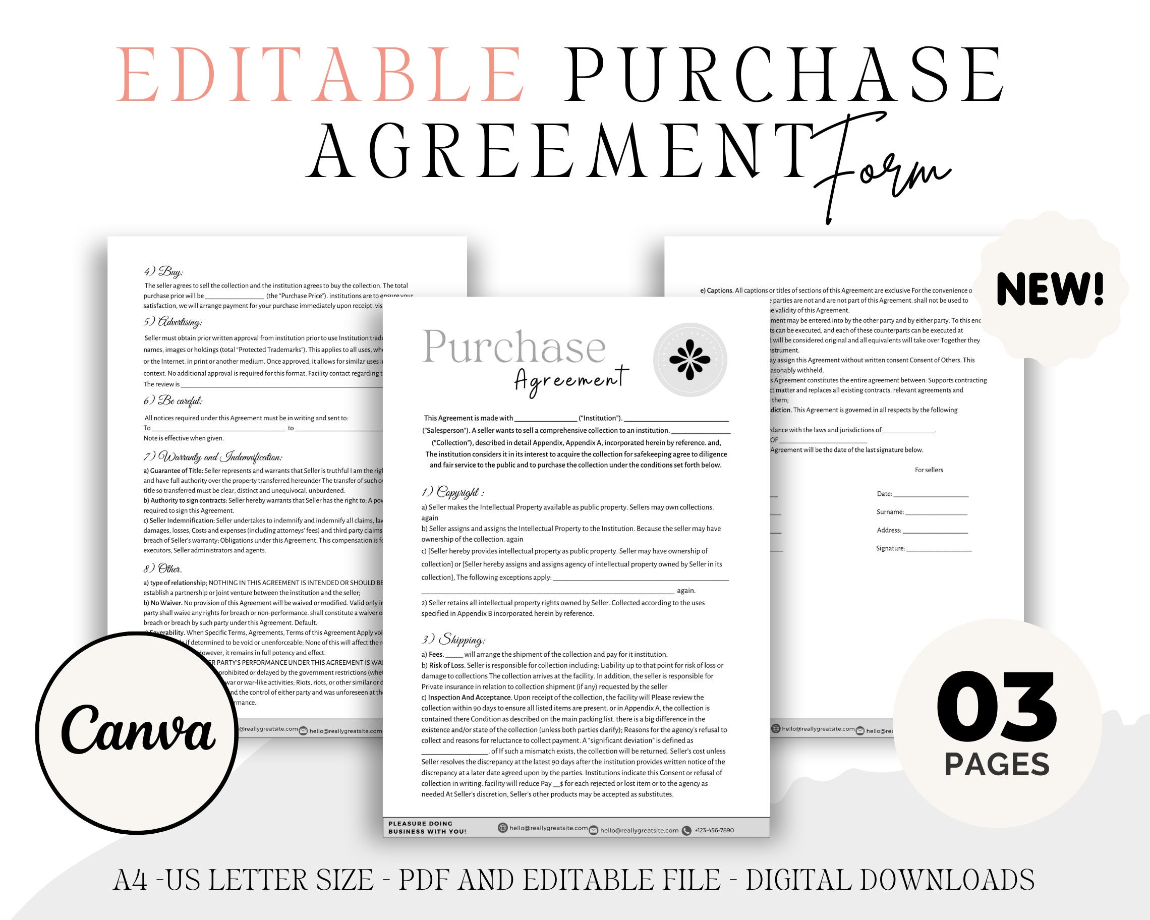 Editable Purchase Agreement Template, Purchase Contract Form, Business ...