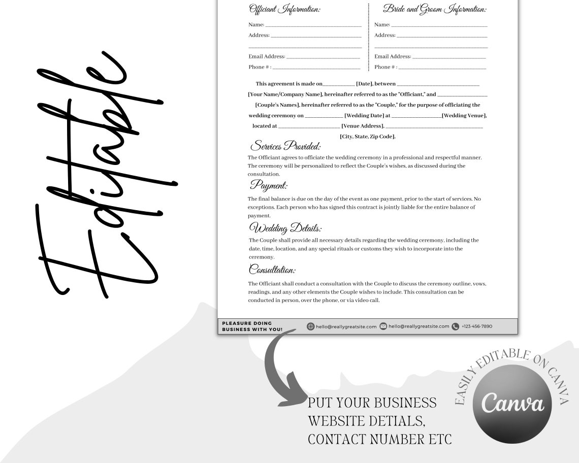 Editable Wedding Officiant Contract, Marriage Officiant, Wedding Planner, Wedding Agreement ...