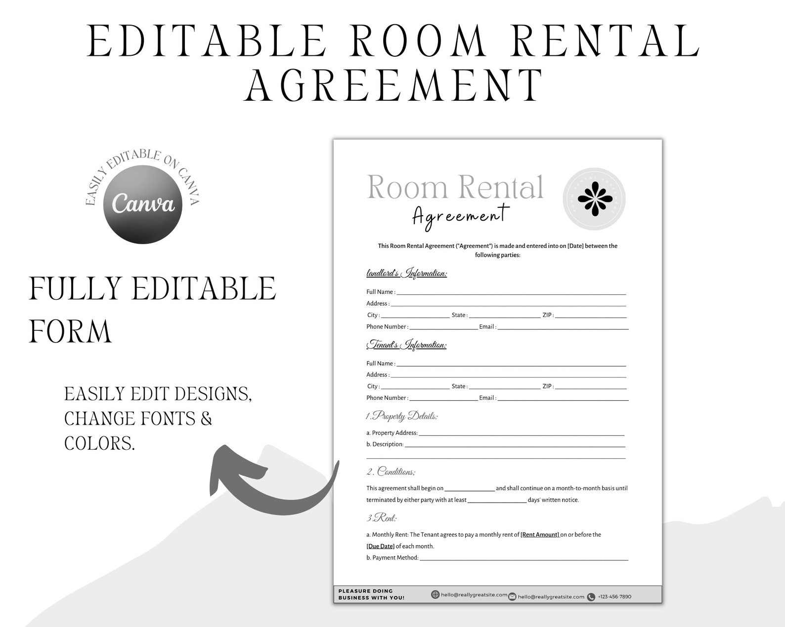 Editable Room Rental Agreement Template Digital Downloads, Contract ...