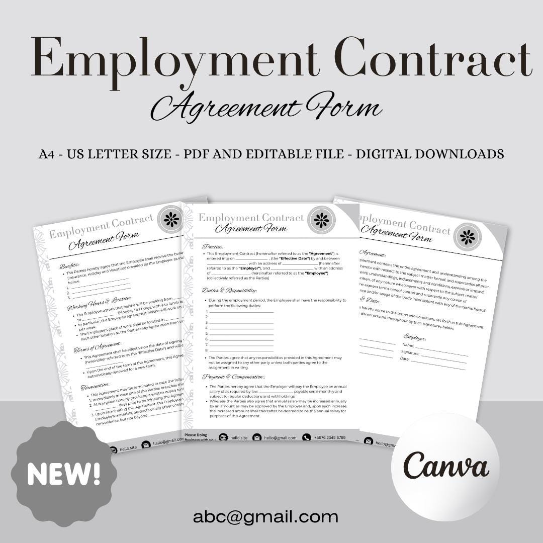 Employment Contract Agreement Template | Editable Employee Contract ...