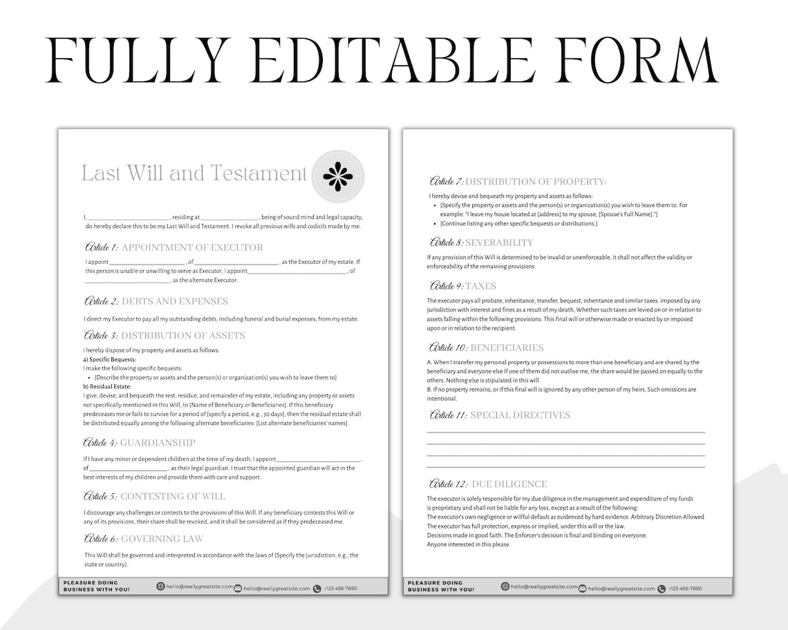 Editable Last Will and Testament Form Template, Printable Last Will ...