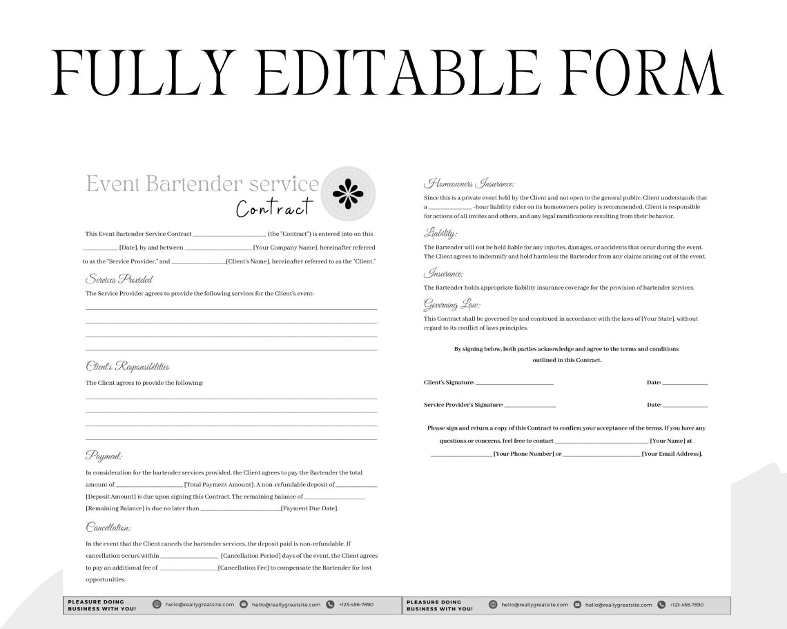 Bartender Agreement Contract Bartending Editable Template Bartender ...