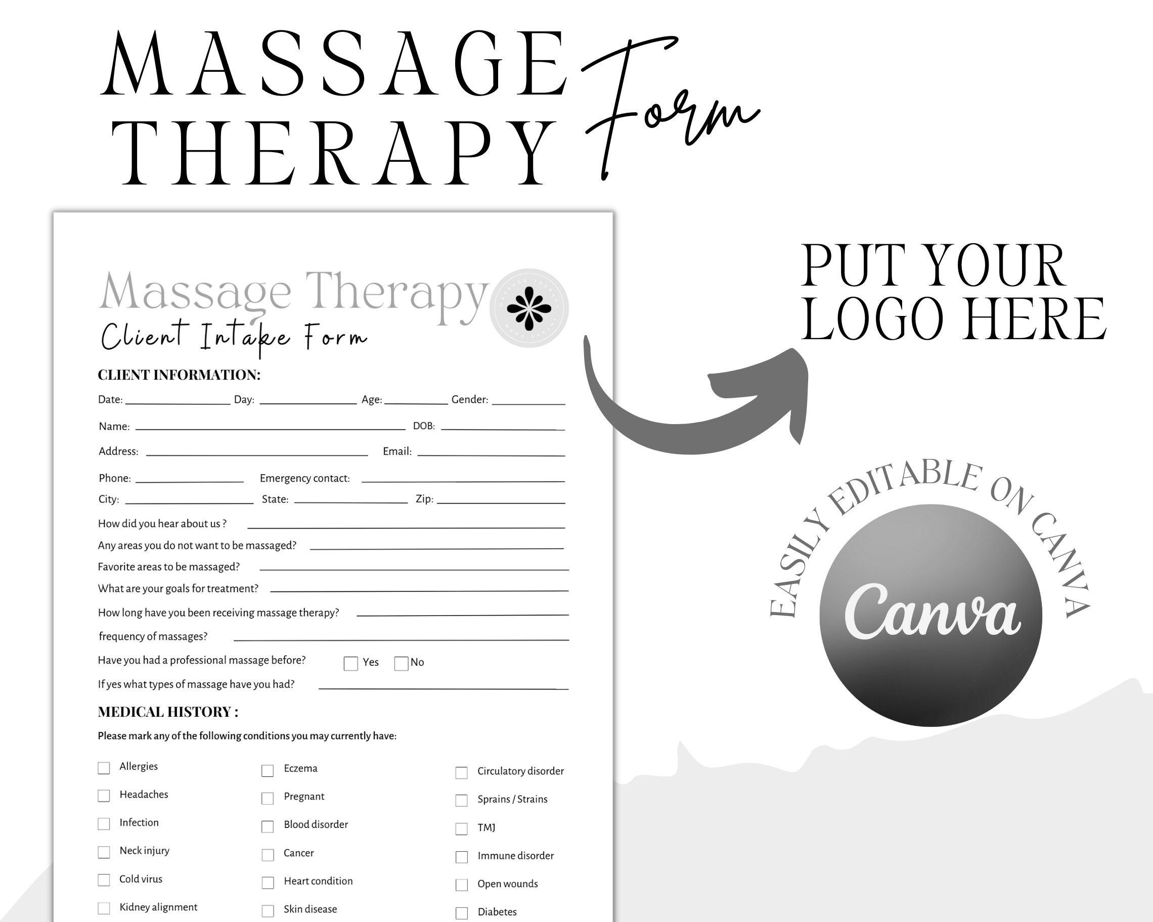 Editable Massage Therapy Forms Bundle, Intake, Consent (canva Template ...