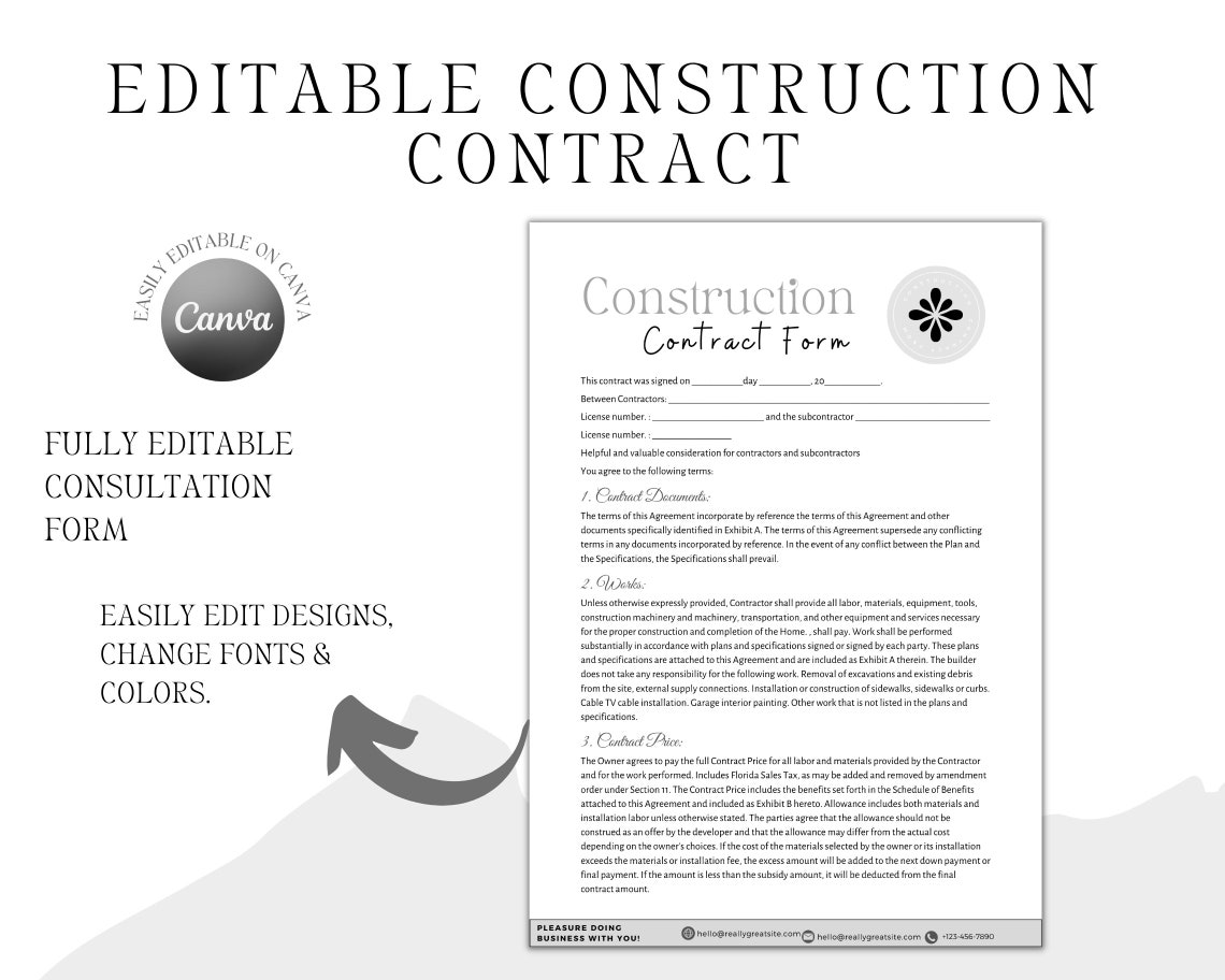 Editable Construction Contract Agreement Template, Contractor Contract ...
