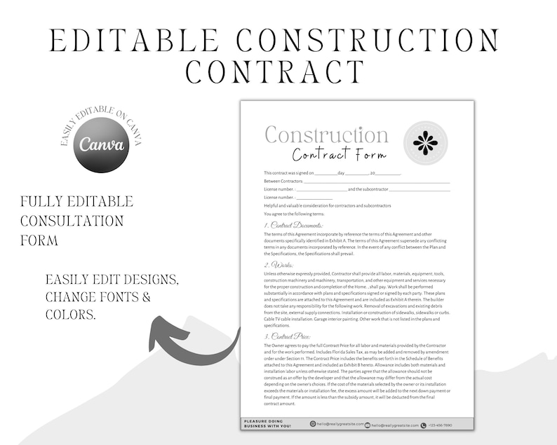 Editable Construction Contract Agreement Template, Contractor Contract ...