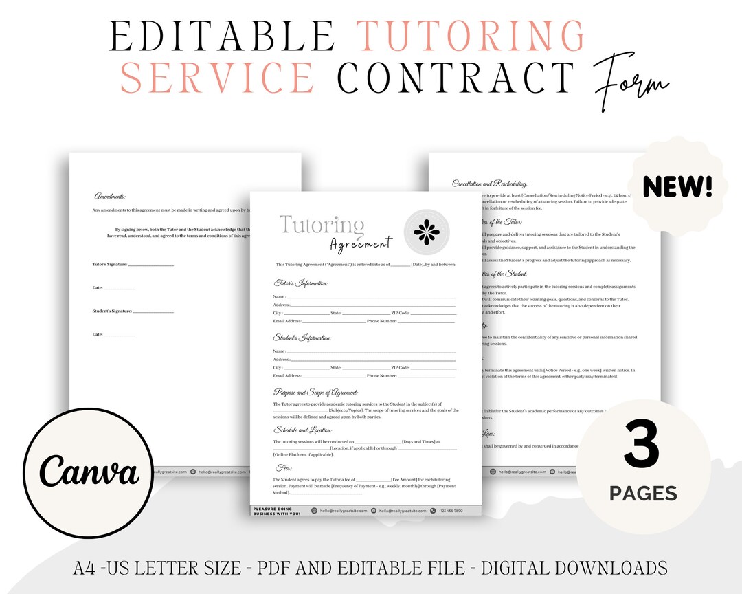 Tutoring Service Contract, Tutoring Agreement, Private Tutor Contract ...