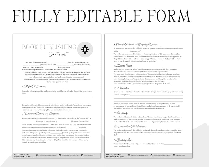 Editable Book Publishing Contract Form, Canva Template, Self-publishing ...