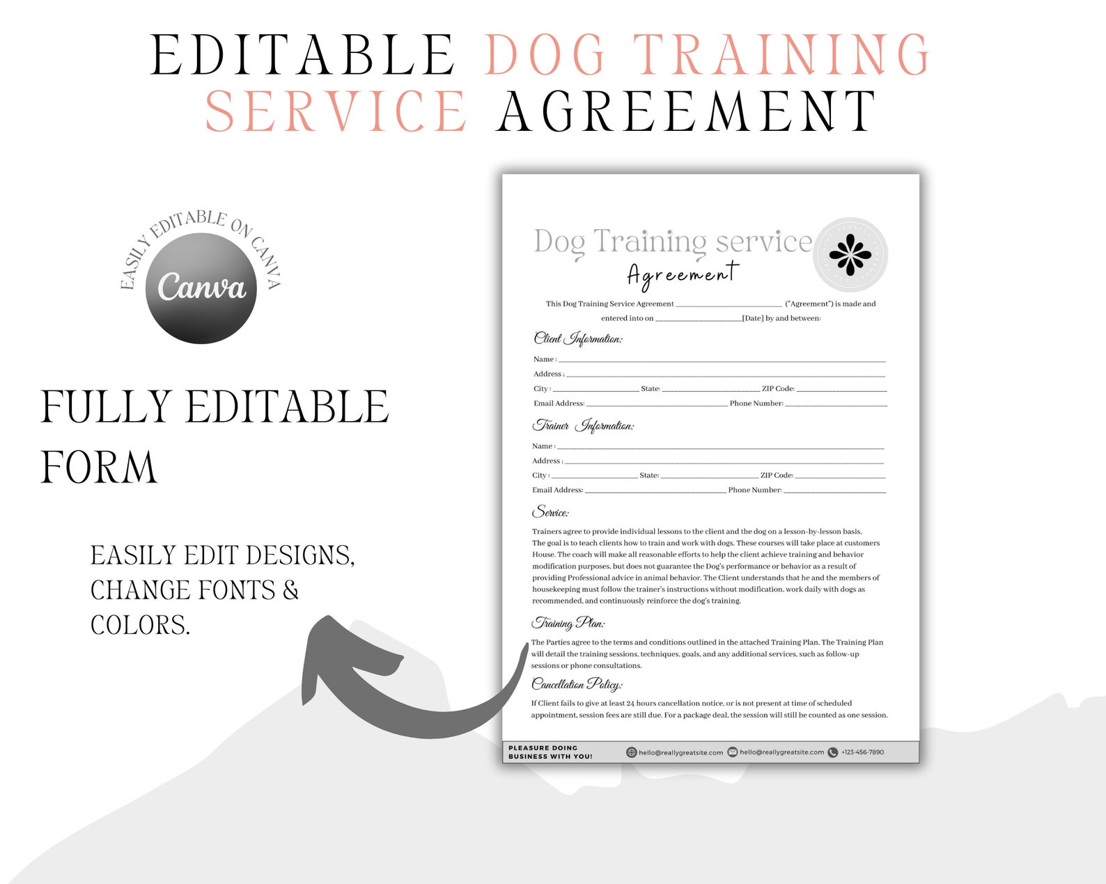 Editable Dog Training Service Agreement, Dog Training Service Contract ...