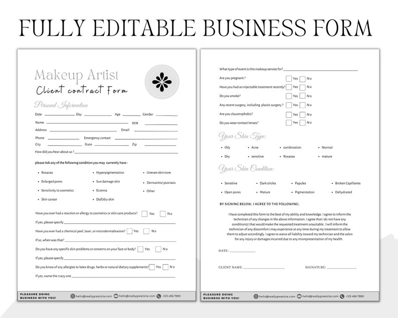 Editable Makeup Artist Contract Forms, Makeup Service Template, Canva ...