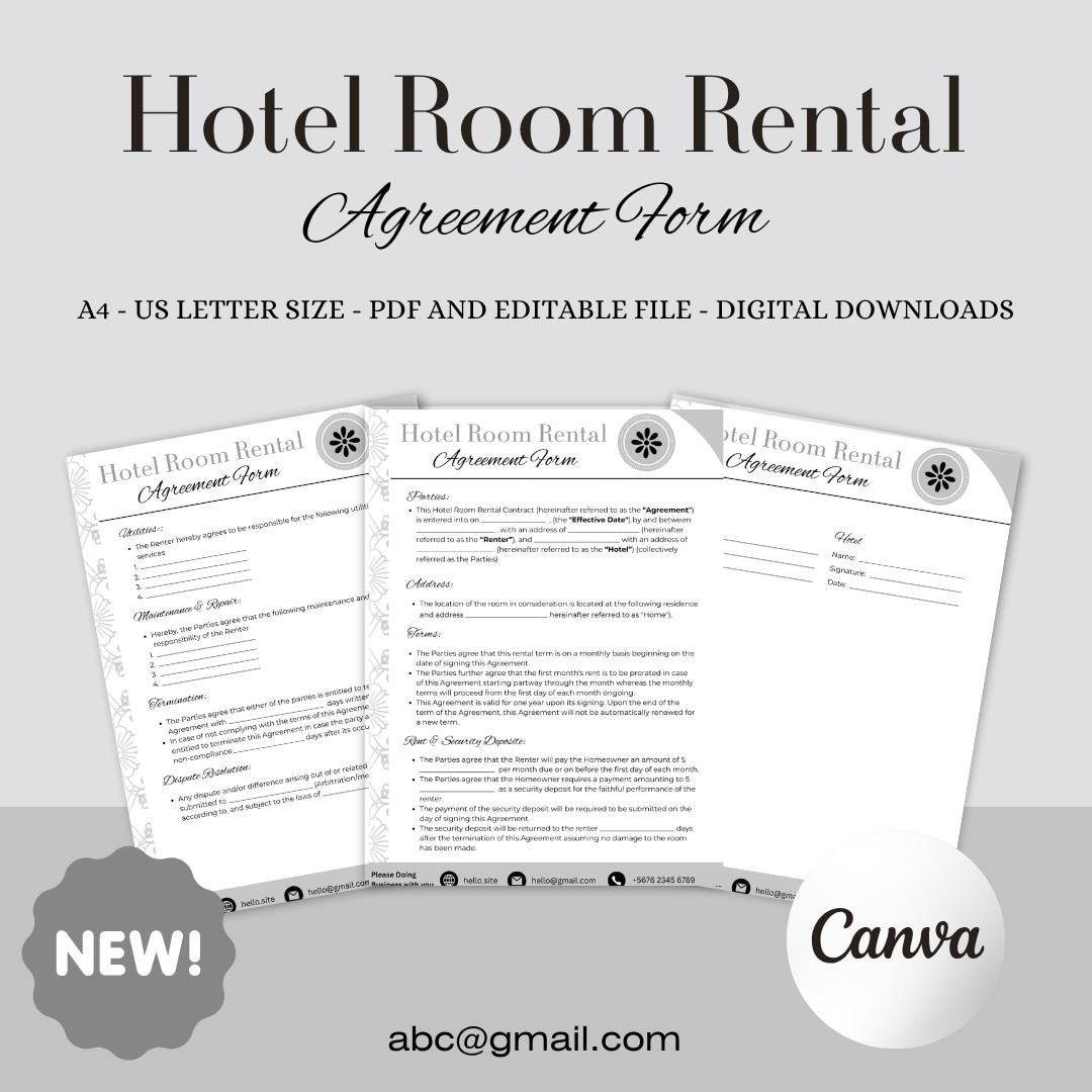 Editable Hotel Room Rental Agreement Template | Editable Contract PDF ...