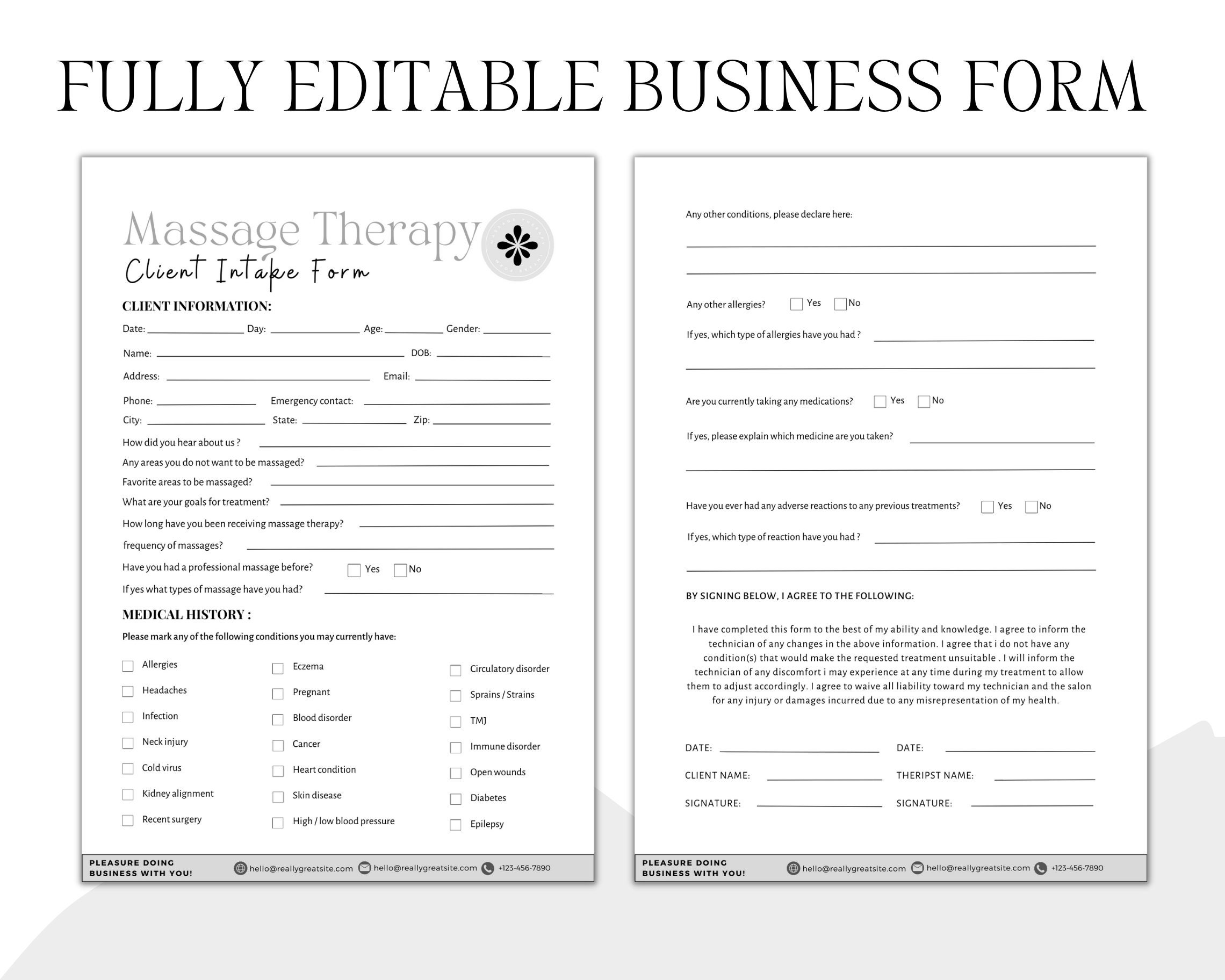 Editable Massage Therapy Forms Bundle, Intake, Consent (canva Template ...