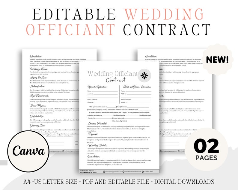 Editable Wedding Officiant Contract, Marriage Officiant, Wedding Planner, Wedding Agreement ...