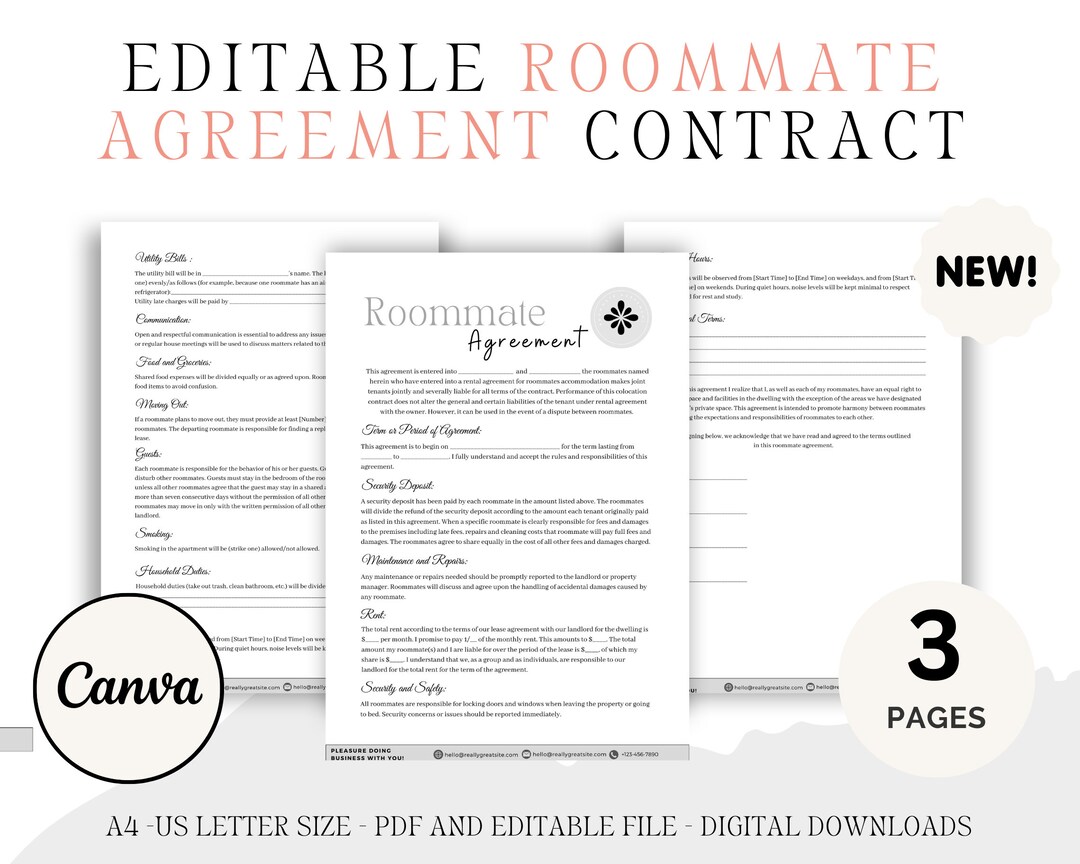 Editable Roommate Agreement Template - Room Rental Contract (PDF, Canva ...