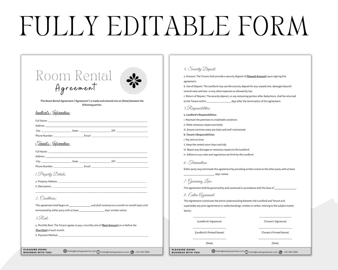 Editable Room Rental Agreement Template Digital Downloads, Contract ...