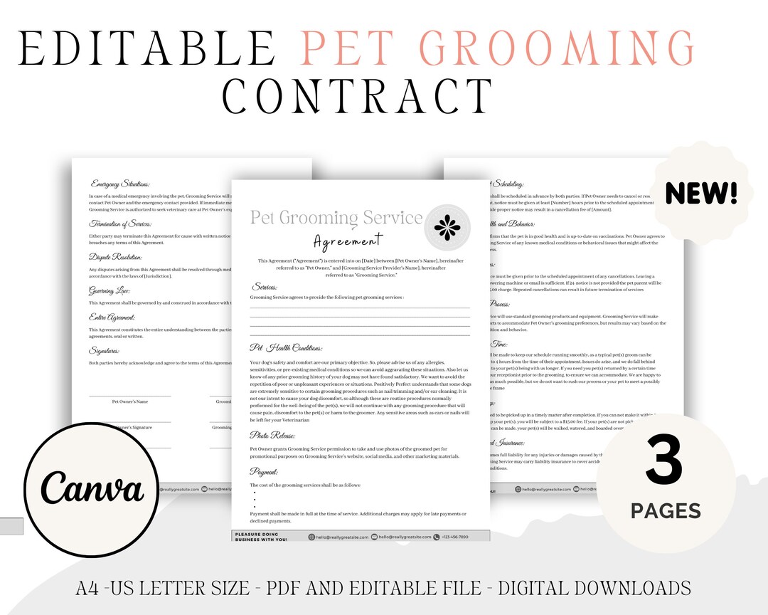 Pet Client Grooming Agreement, Dog Salon Contract, Cat Grooming ...