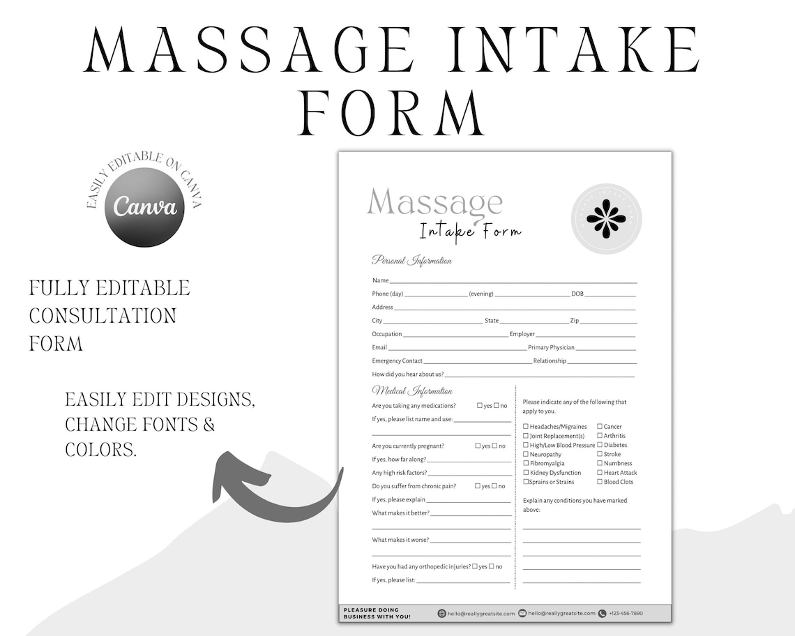 Professional Massage Intake Form, Massage Consent Form, Massage ...