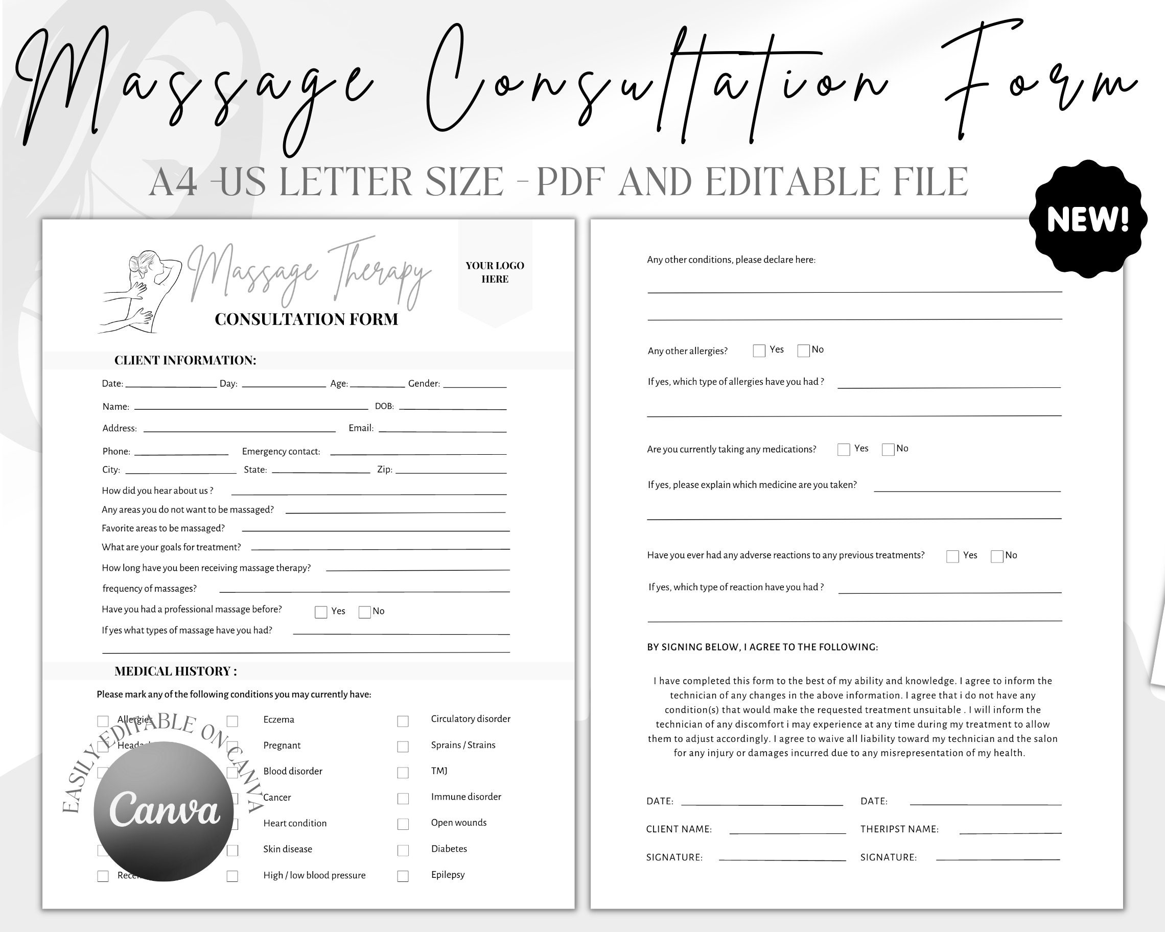 Editable Massage Intake Form Massage Therapy Form Massage Consent Form Massage Release Form