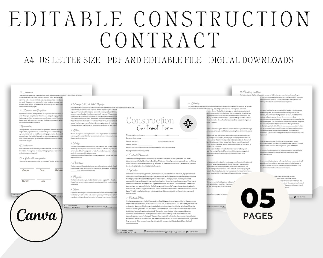 Editable Construction Contract Agreement Template, Contractor Contract ...