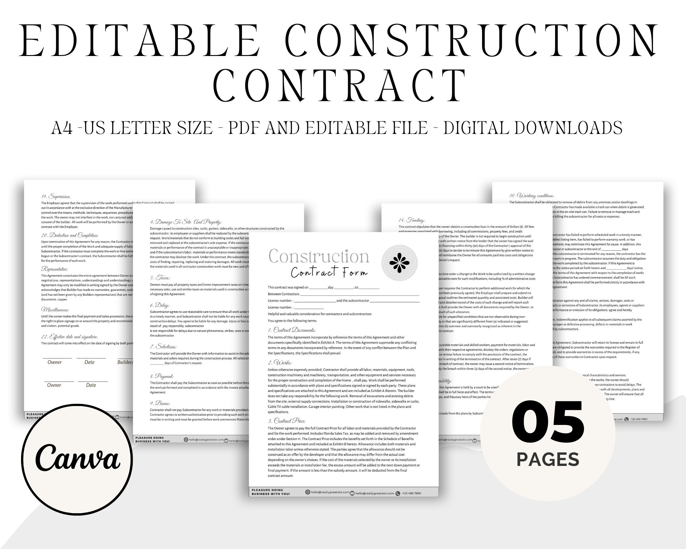Editable Construction Contract Template, Canva & PDF (digital Download ...