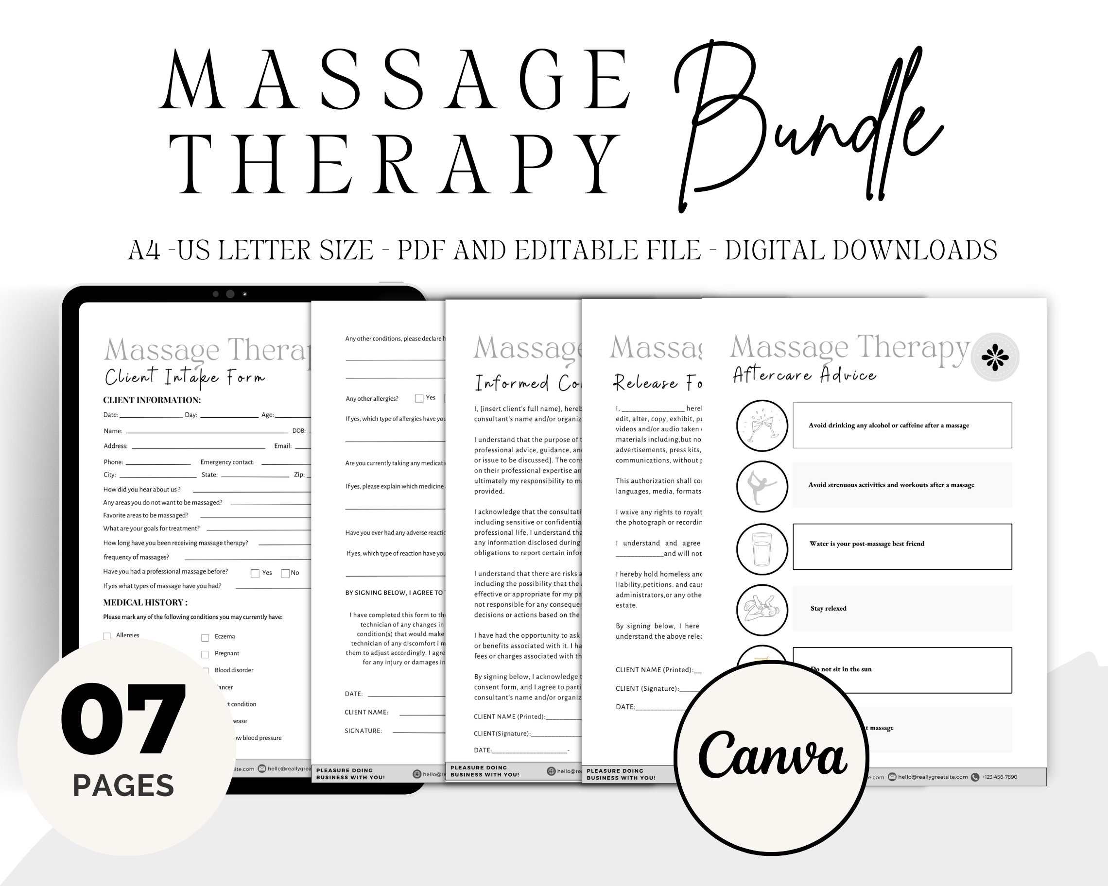 Editable Massage Therapy Forms Bundle, Intake, Consent (canva Template ...