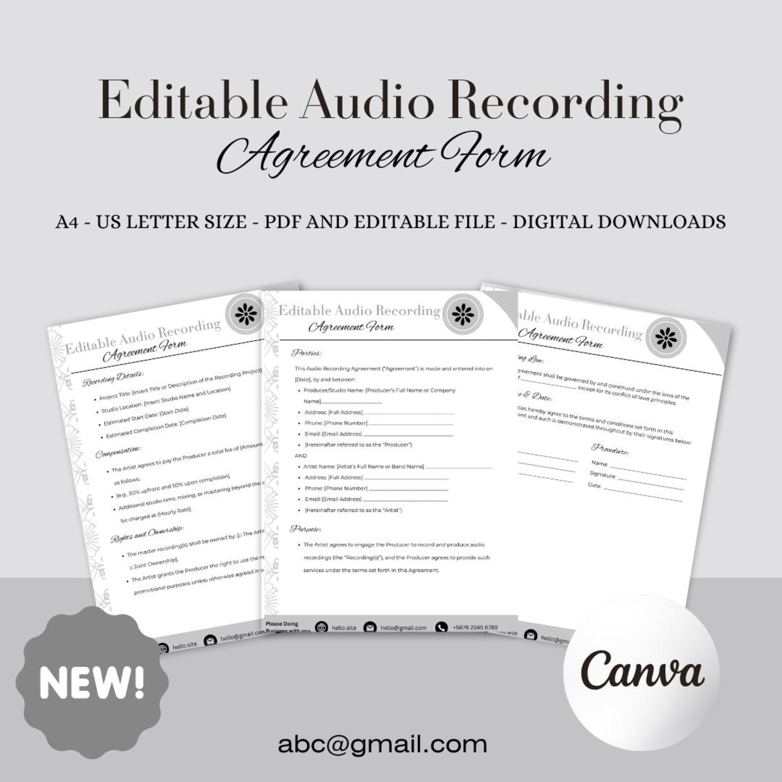 Editable Audio Recording Agreement Canva Template | Voiceover, Podcast ...