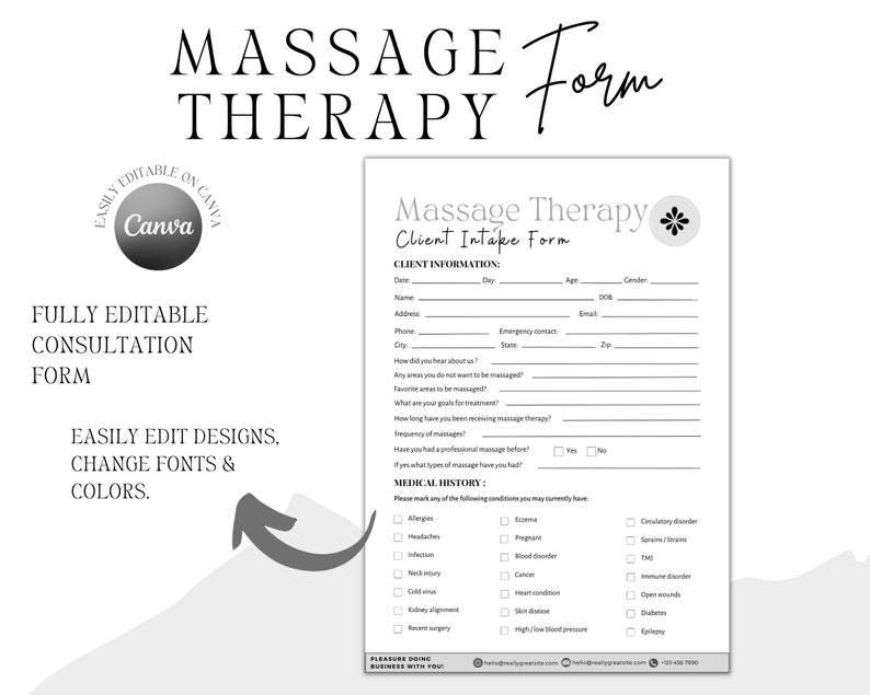 Professional Massage Intake Form Bundle Canva Editable, Massage Therapy ...