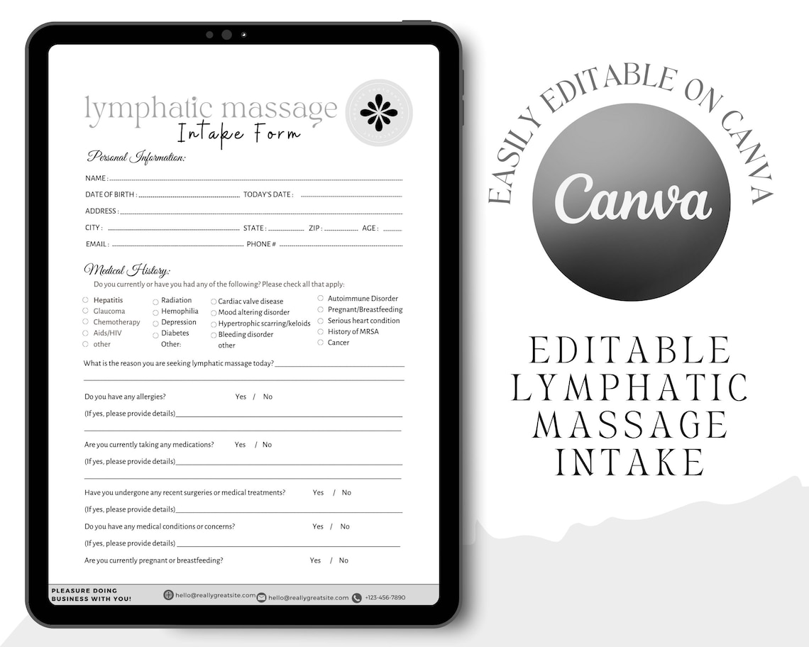 Editable Lymphatic Massage Intake Form, Lymphatic Drainage Form, Canva ...