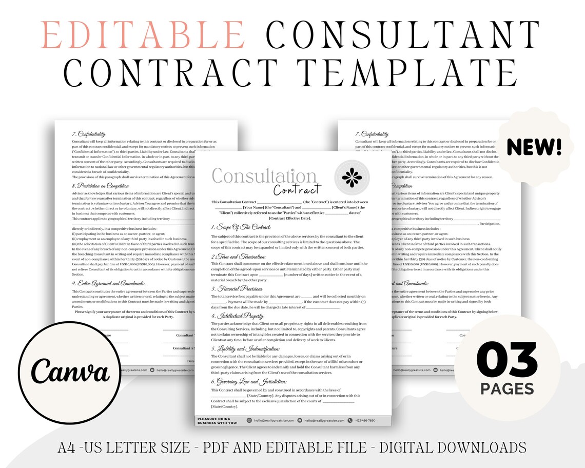 Editable Consultant Contract Template, Canva Agreement (digital ...