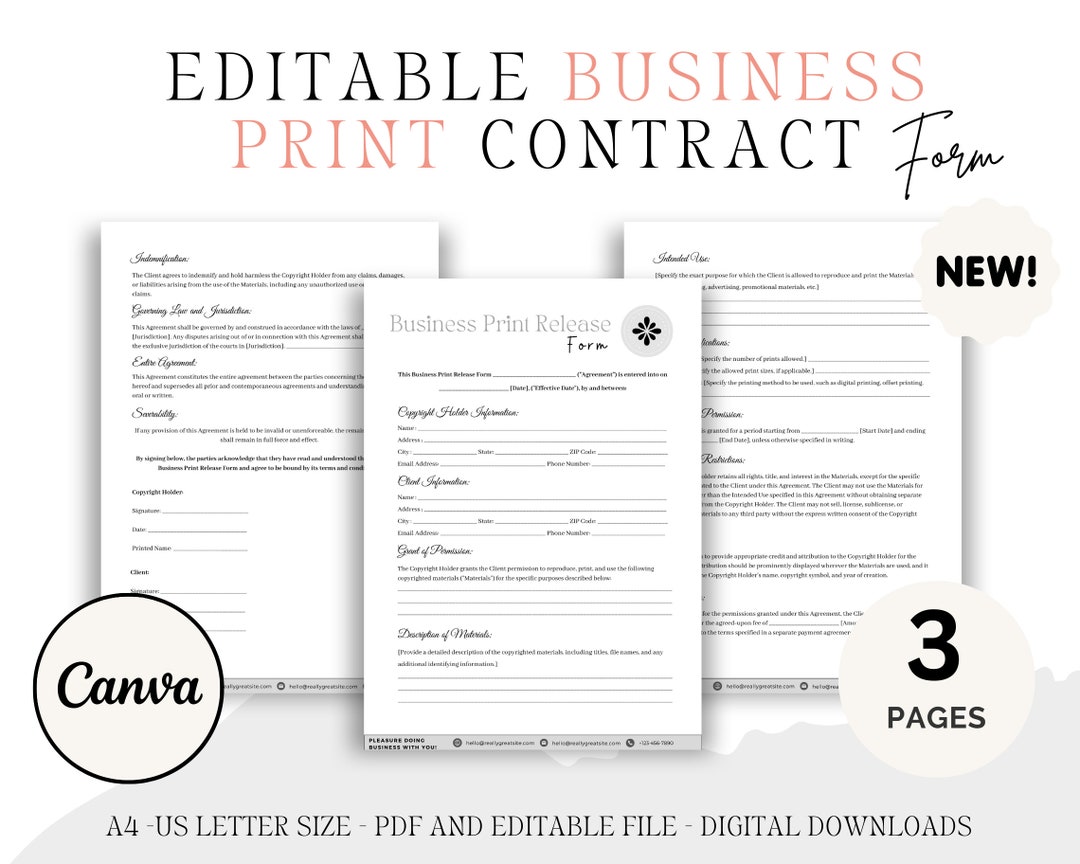 Business Print Contract Template Digital Downloads CANVA Editable ...