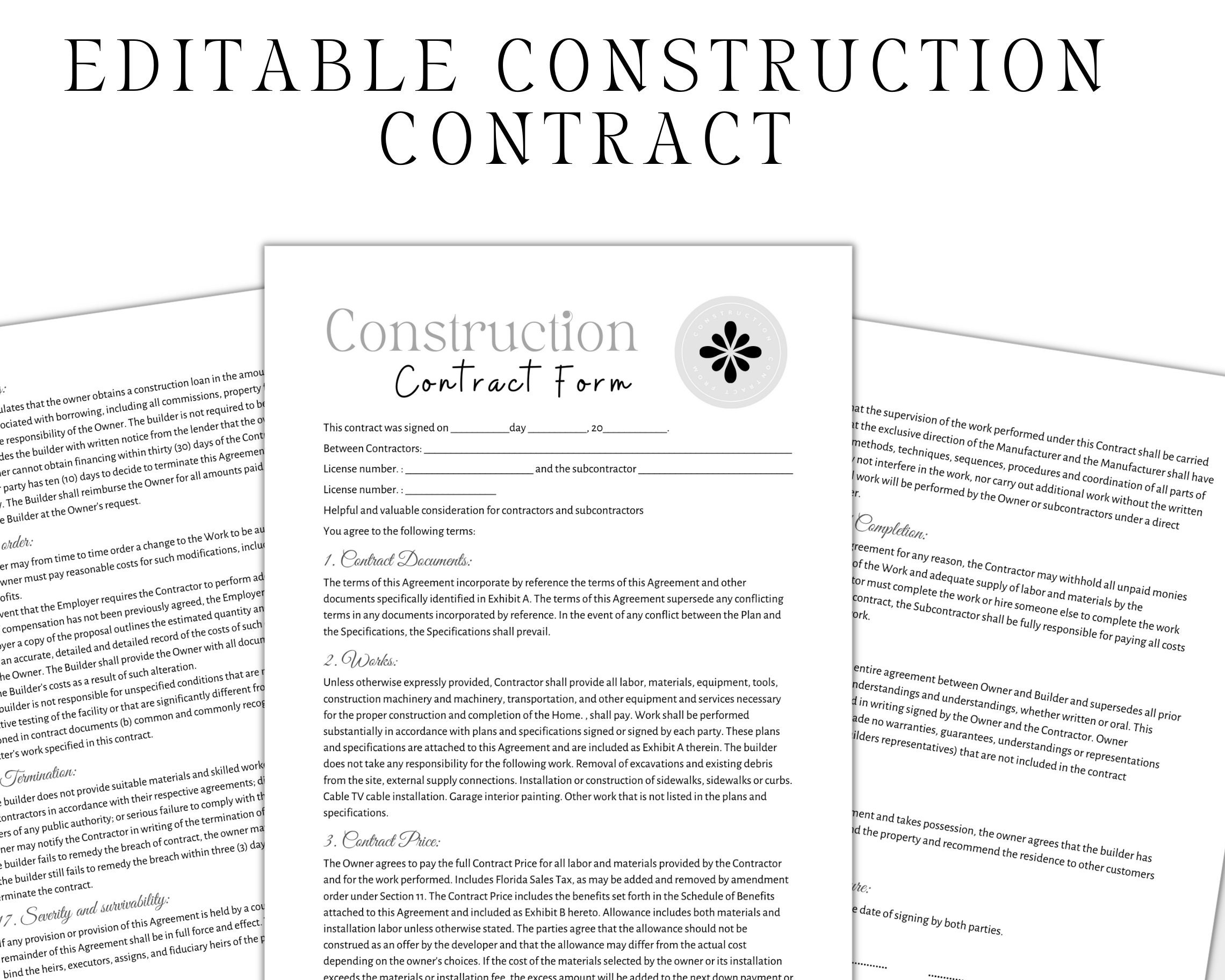 Editable Construction Contract Agreement Template, Contractor Contract ...