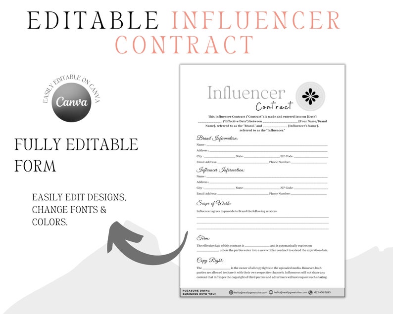 Editable Influencer Contract Template | Canva, A4 & US Letter (digital ...